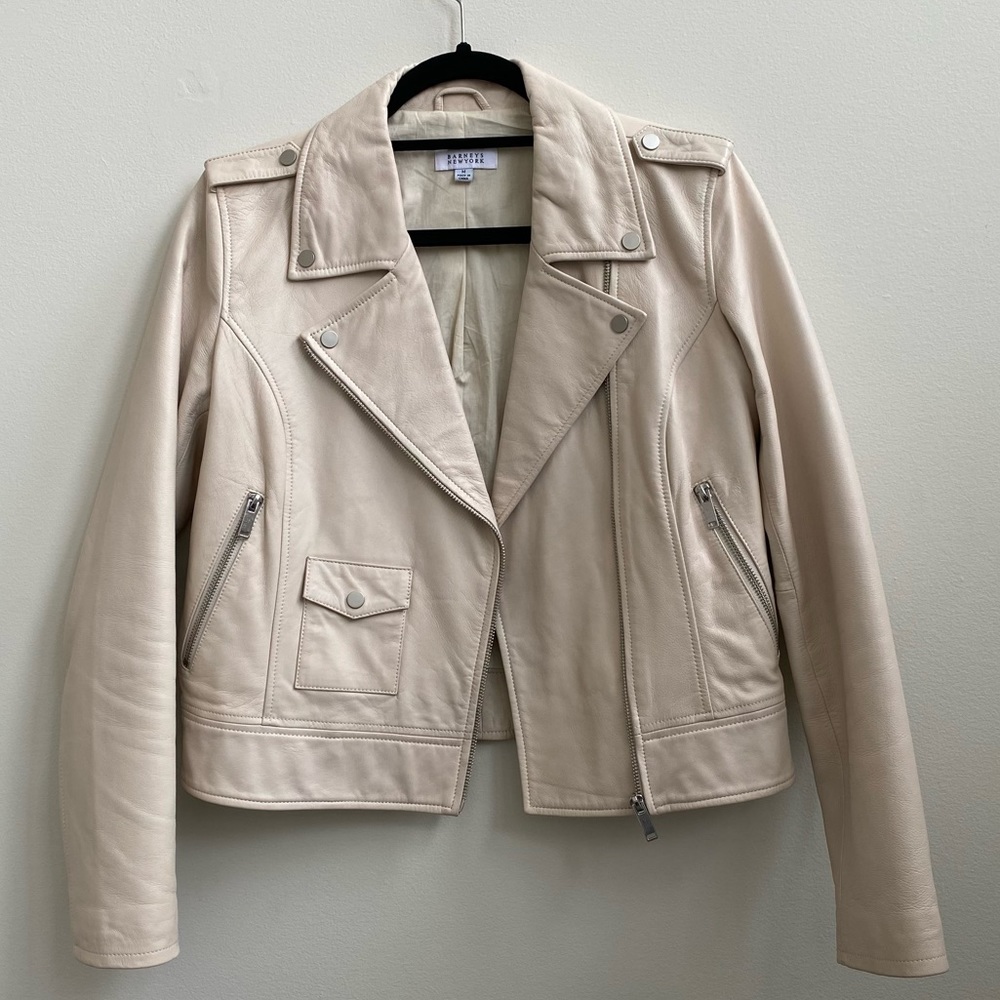 Barneys New York Cropped Leather Moto Jacket In Ivory… - Gem